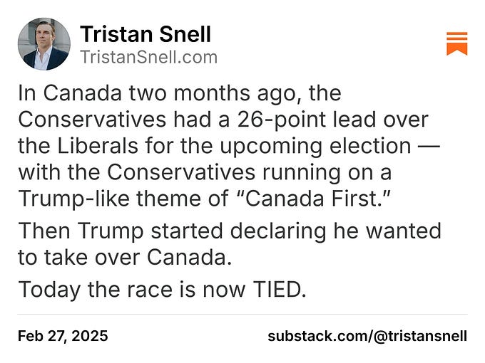Tristan Snell on Substack: "In Canada two months ago, the Conservatives had a 26-point lead over ...