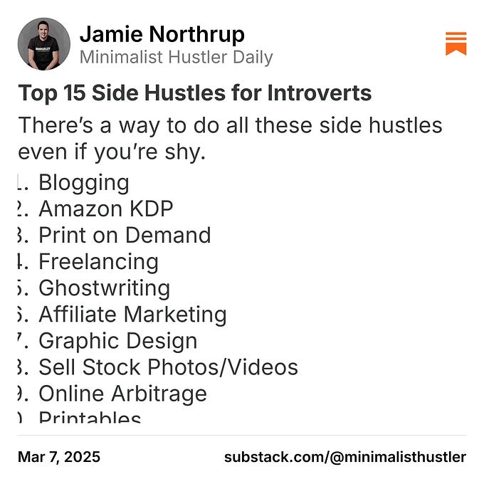 Jamie Northrup on Substack: "Top 15 Side Hustles for Introverts There’s a way to do all these ...