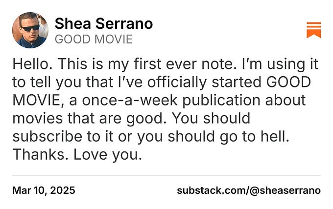 Shea Serrano on Substack: "Hello. This is my first ever note. I’m using it to tell you that I’ve ...