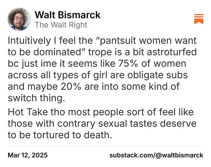 Walt Bismarck on Substack: "Intuitively I feel the “pantsuit women want to be dominated” trope ...