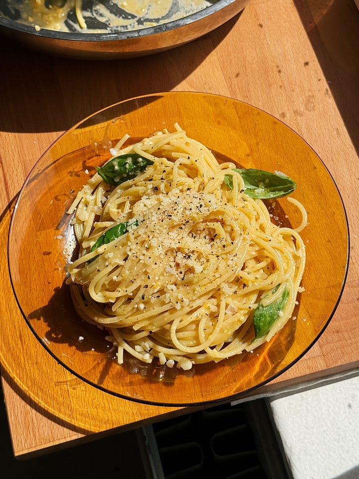 grated tomato spaghetti carbonara—darn good, devan grimsrud