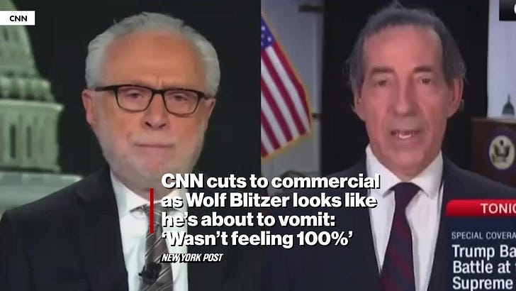 CNN cuts to a commercial as Wolf Blitzer looks like he's about to vomit